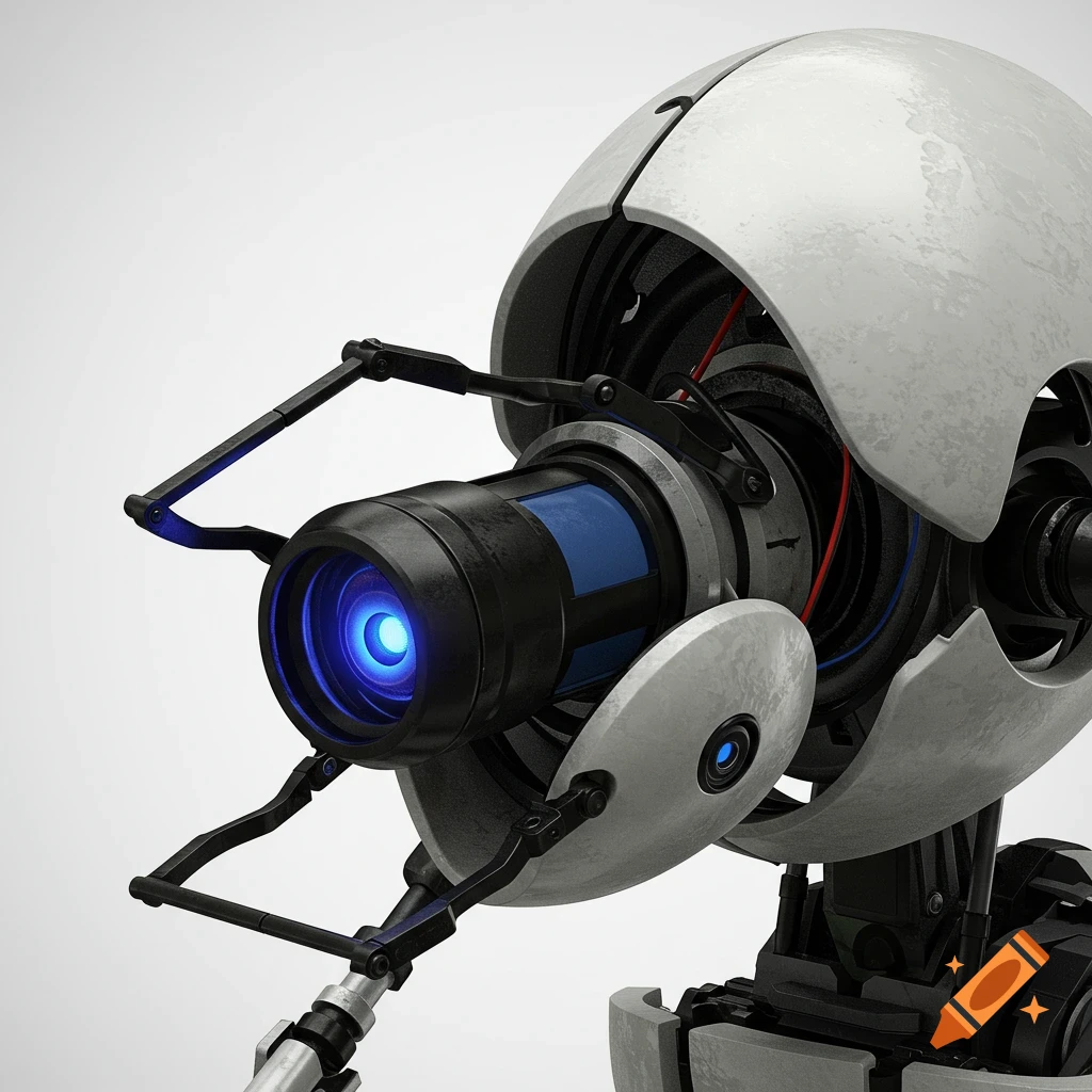 Close-up of GLaDOS robot head from Portal with a blue glowing eye. on ...