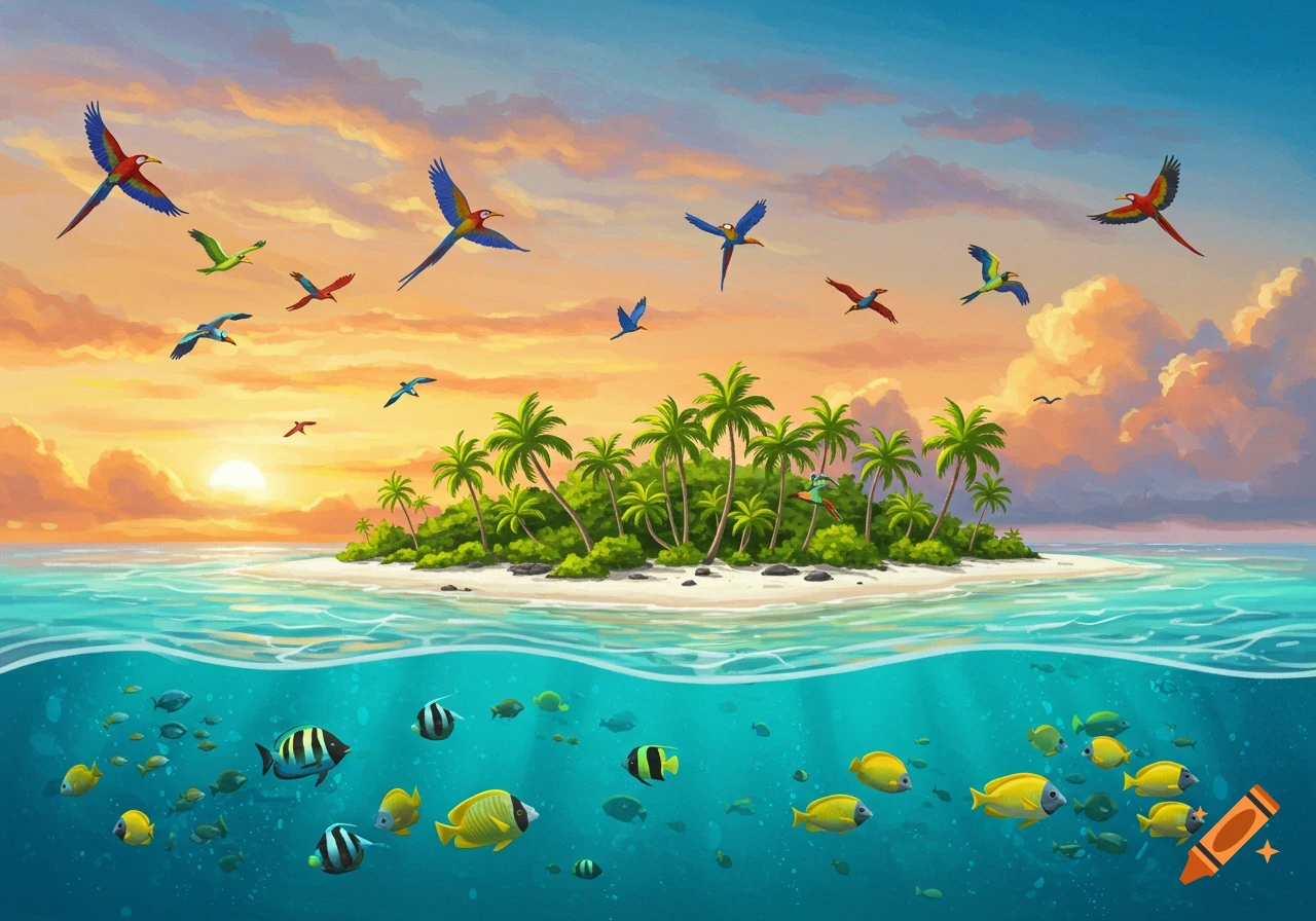 Tropical island with palm trees, colorful birds flying over the water ...