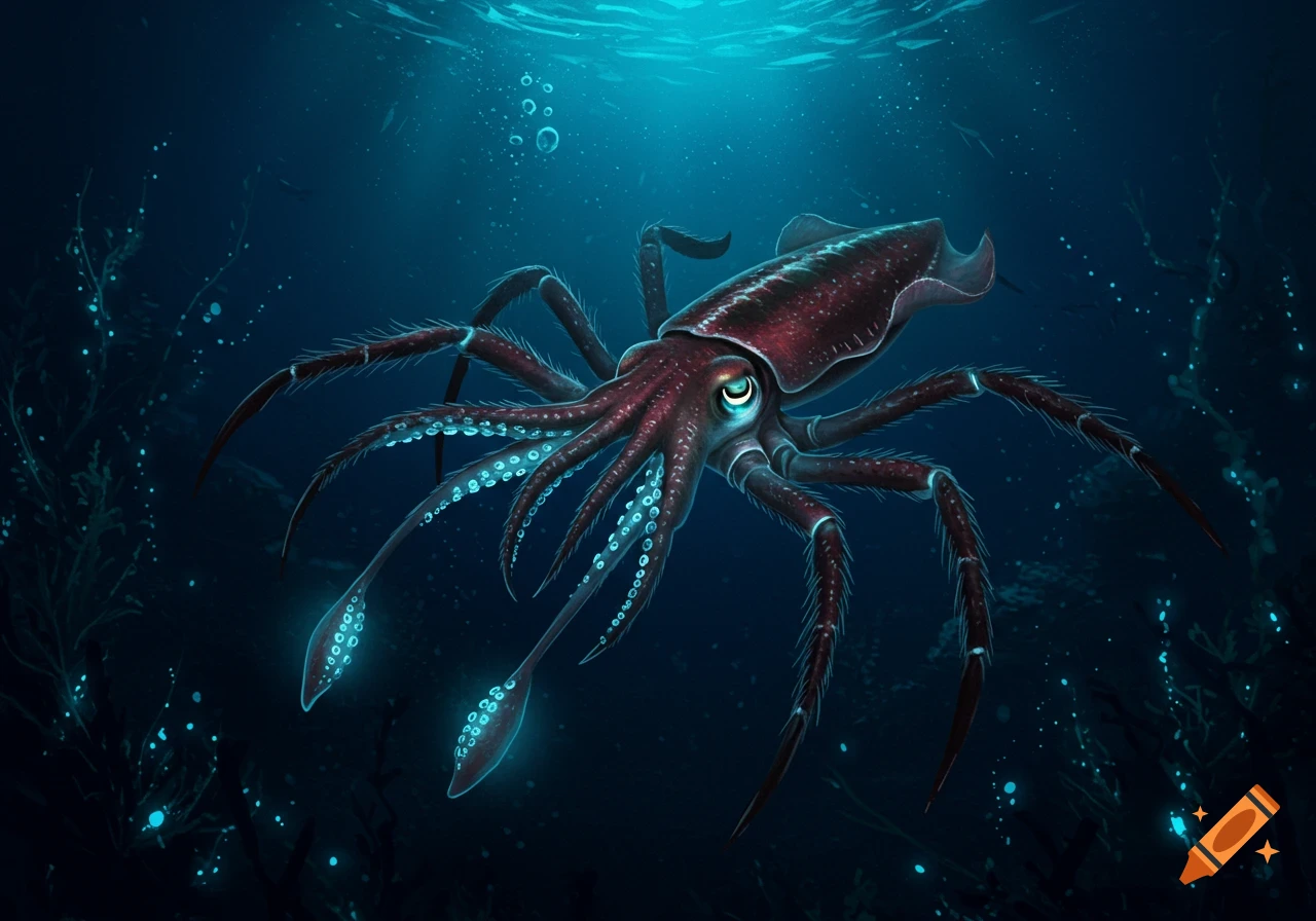 A tarantula squid hybrid swims in a deep ocean environment, lit by ...