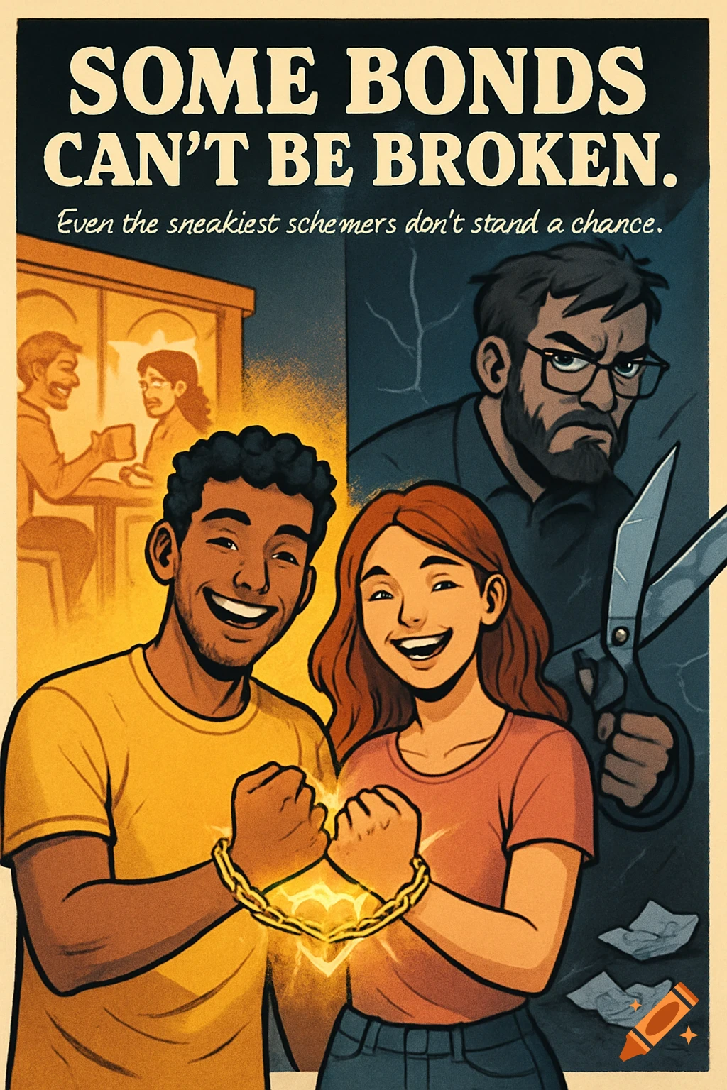 Comic art of a smiling couple linked by a golden chain, with a scheming ...