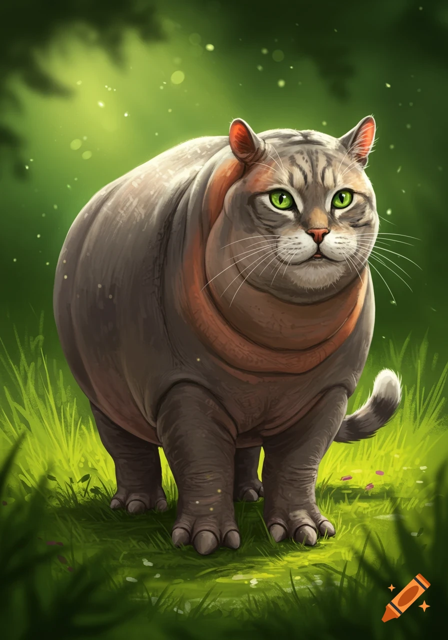 A hippo-cat hybrid creature stands in a grassy field. on Craiyon