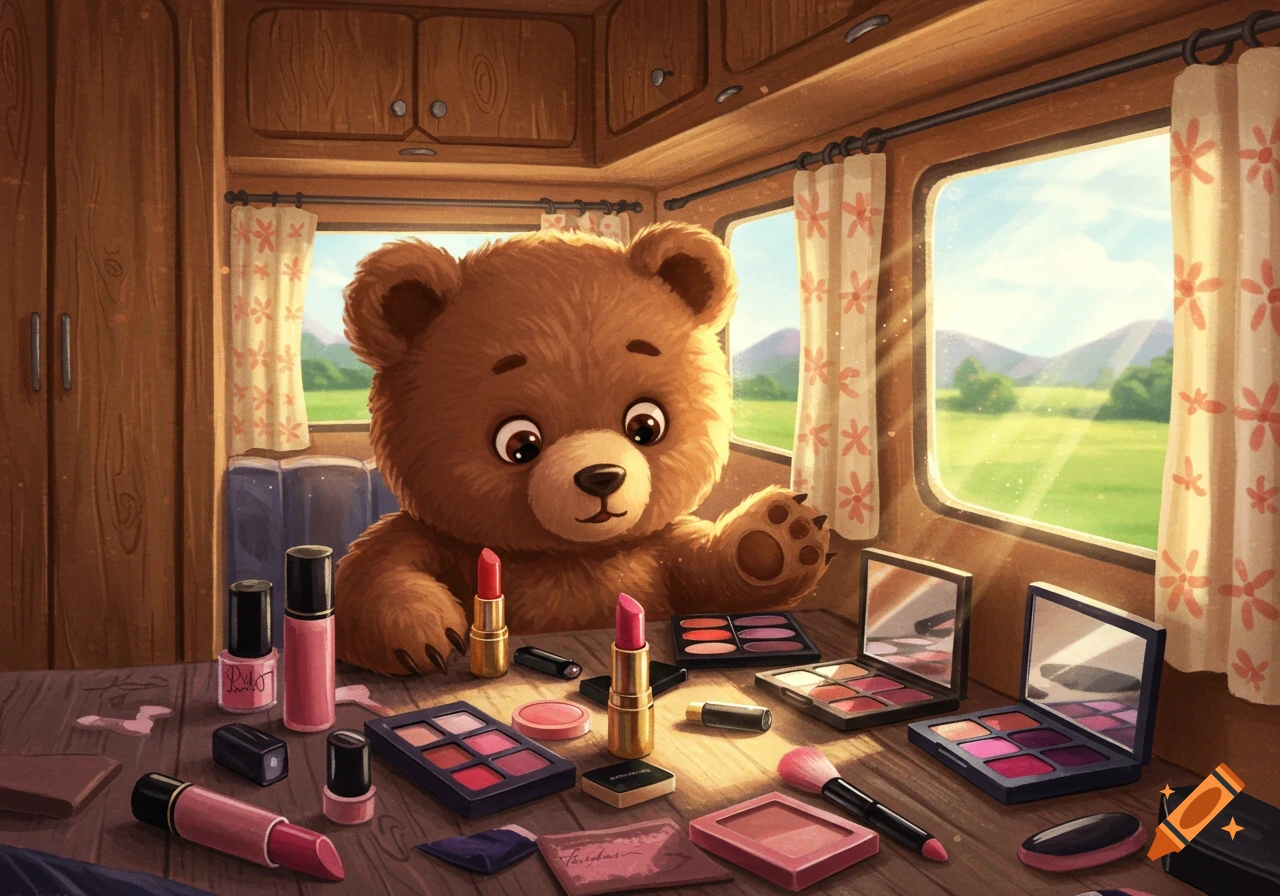 A cute teddy bear sits at a table in a camper van surrounded by makeup ...