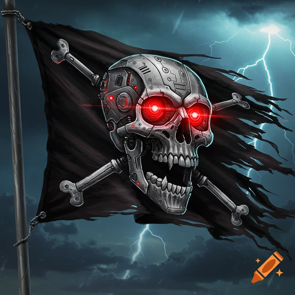 Black pirate flag with a metallic cyborg skull and crossbones against a ...