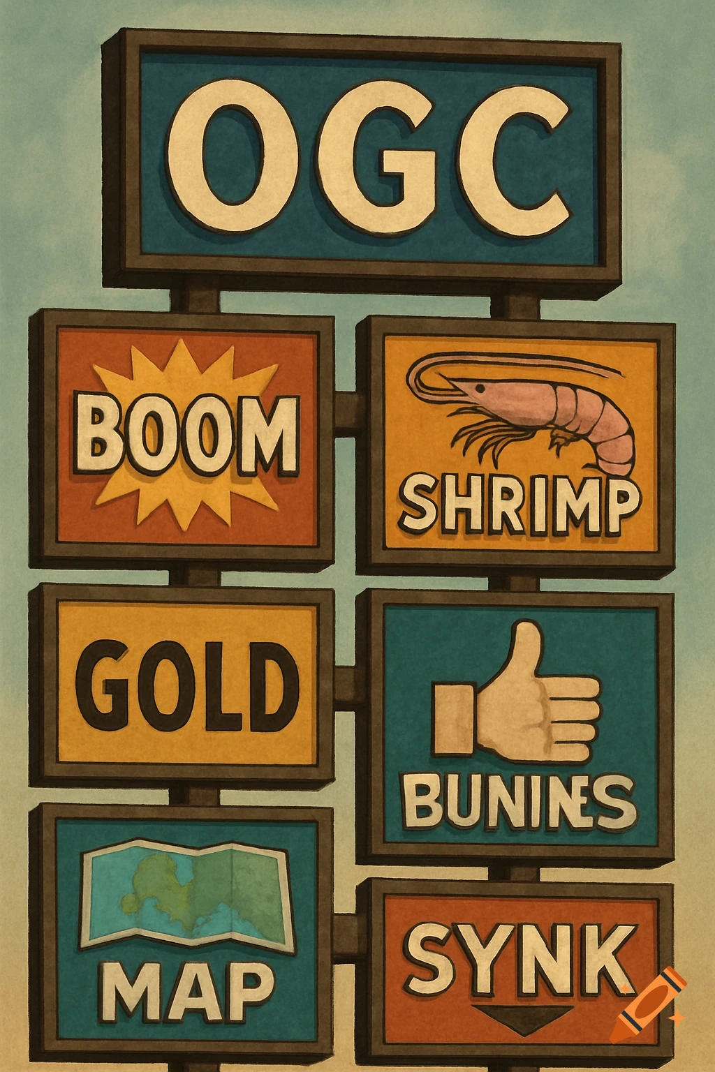 A vintage-style signpost with multiple rectangular signs. The large top ...