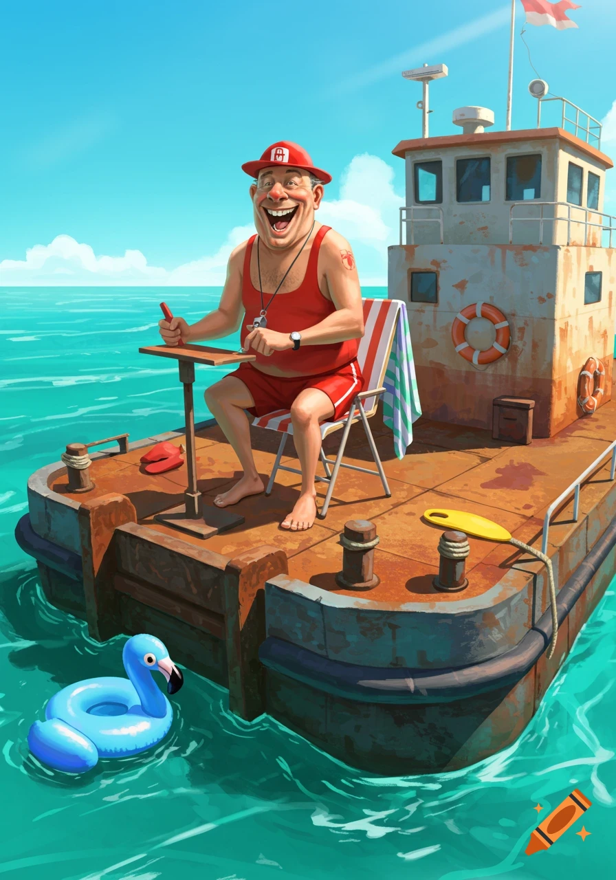 Funny cartoon lifeguard sits on a barge in the ocean. on Craiyon