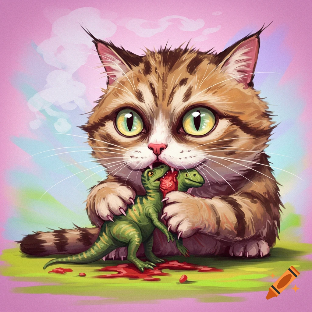 Cartoon cat eats a small green dinosaur with stylized gore on Craiyon