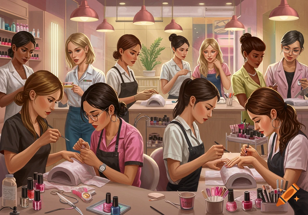 Multiple women work at tables in a brightly lit nail salon applying nail polish and manicures in ...