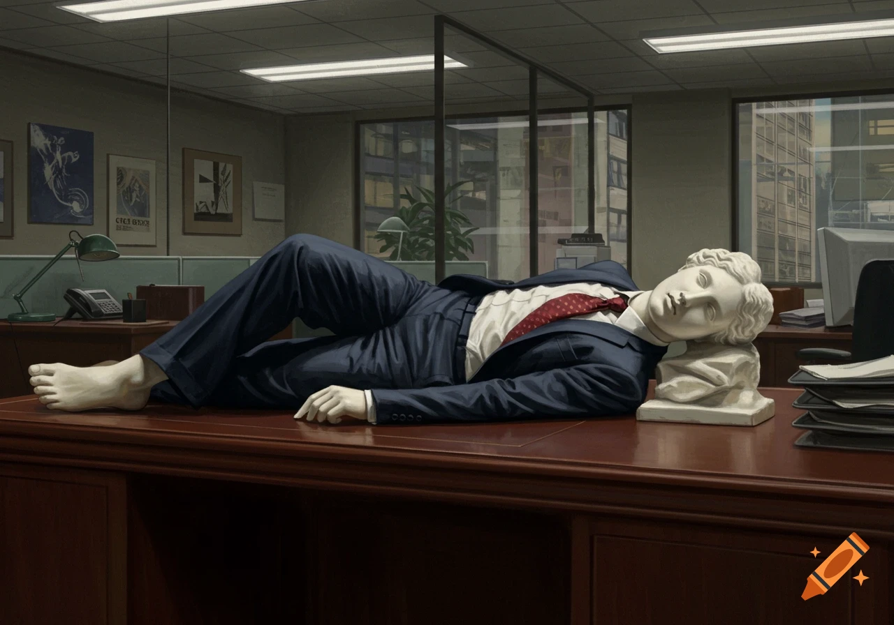 Painting of a classical statue in a suit lying on a desk in an office ...