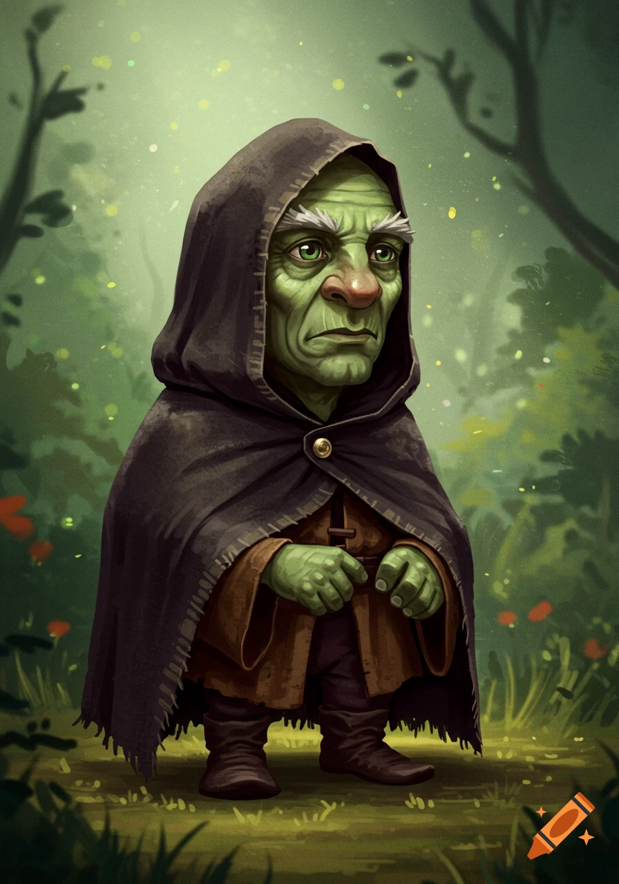 A short green old man with white eyebrows, wearing a dark cloak and ...