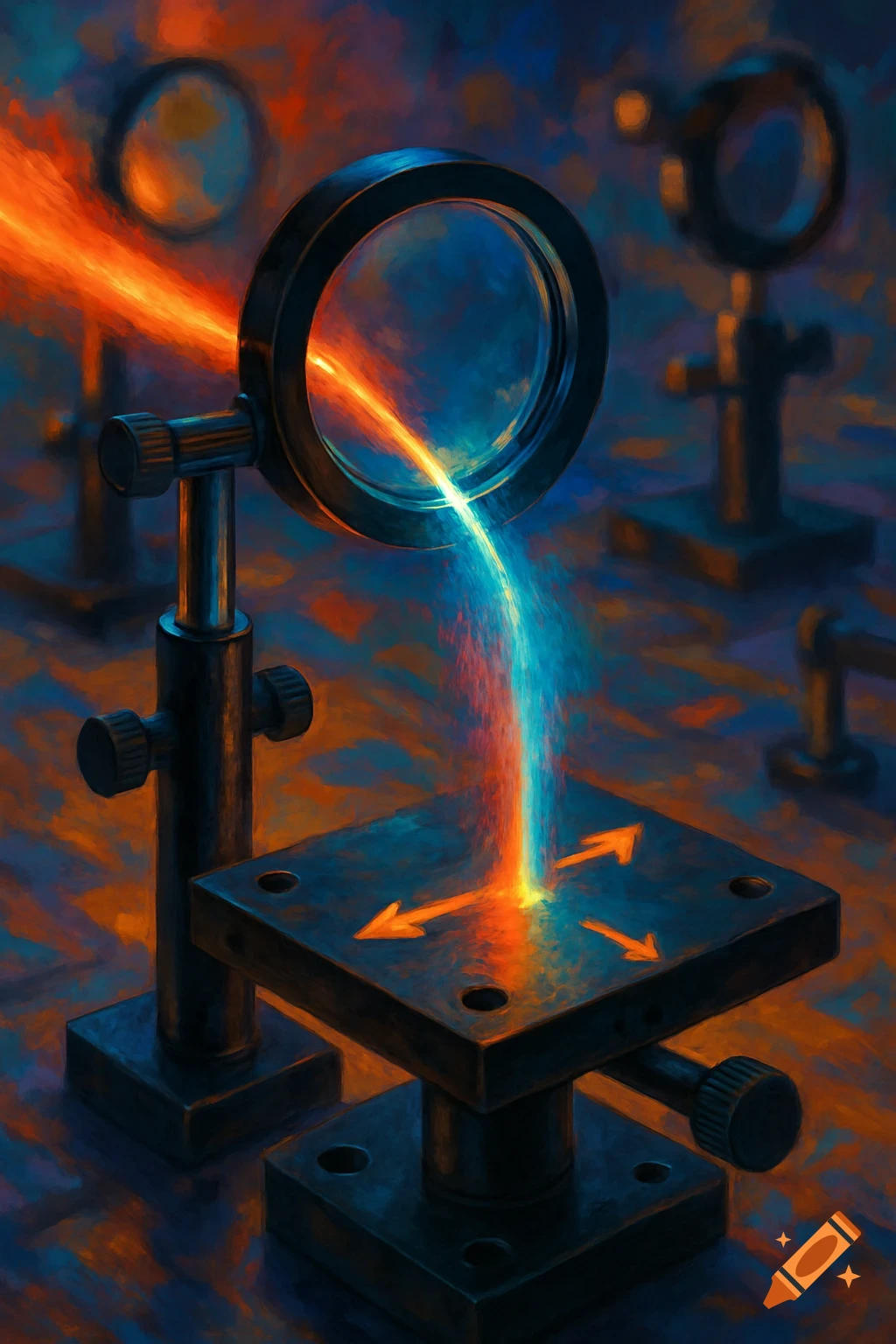 Optical setup with glowing light beams passing through a lens onto a ...