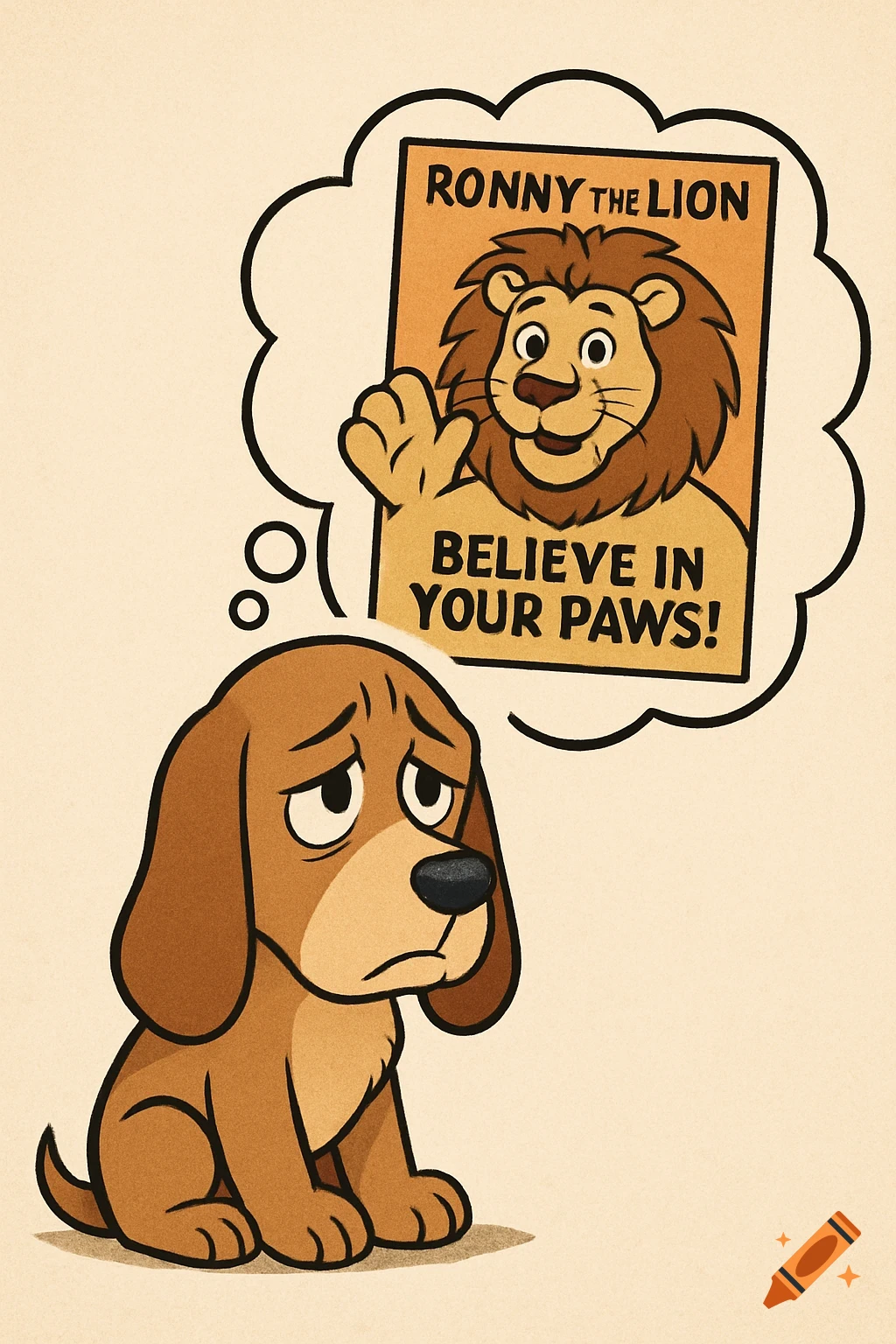 A sad cartoon dog sits thinking about a poster of a smiling lion saying ...