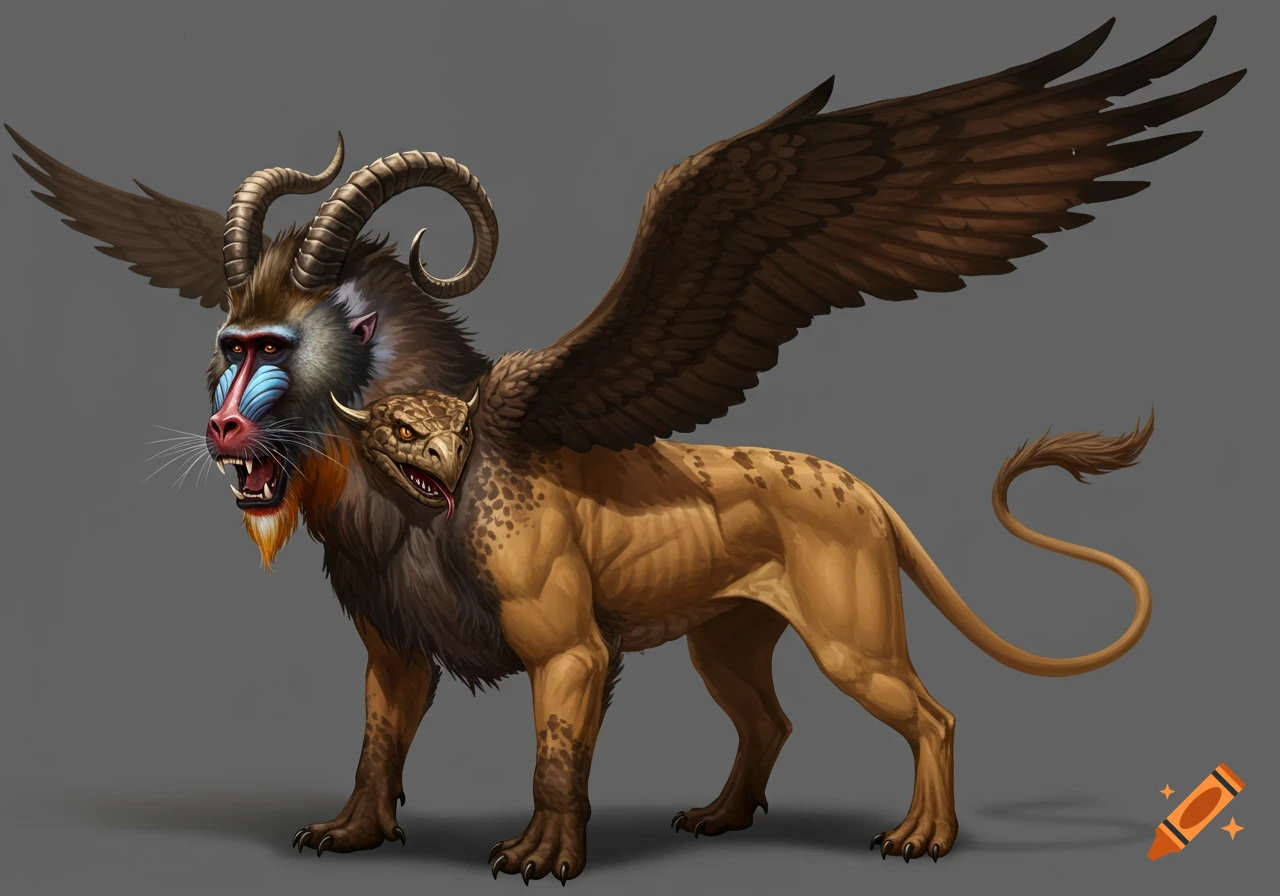 Illustration of a chimera creature with the head of a mandrill, horns ...