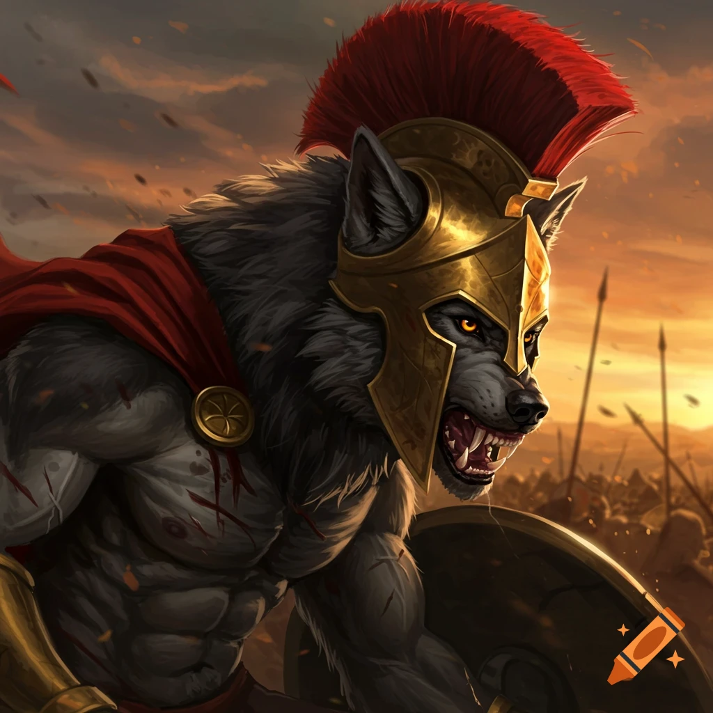 Muscular wolf creature in Spartan armor with glowing eyes during a ...