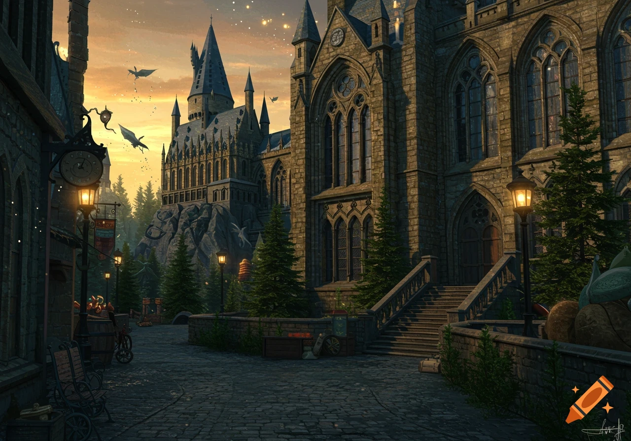 Gothic fantasy castle looms over a paved street at sunset with flying ...