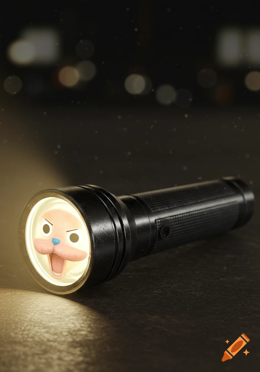A realistic flashlight with a cartoon face in its head sits on a dark ...