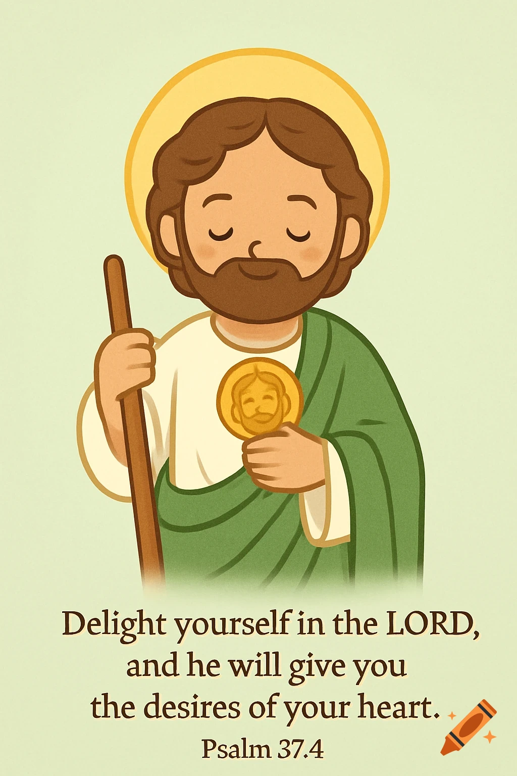 Cartoon drawing of Saint Jude holding a staff and coin, with a Bible ...