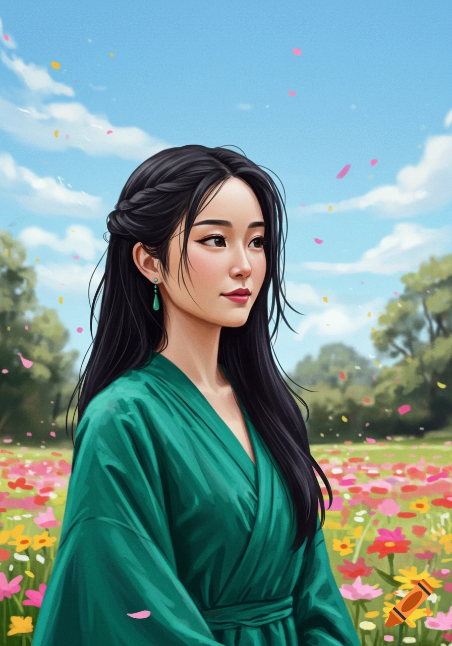 A woman in a green robe in a field of flowers with falling petals. on ...