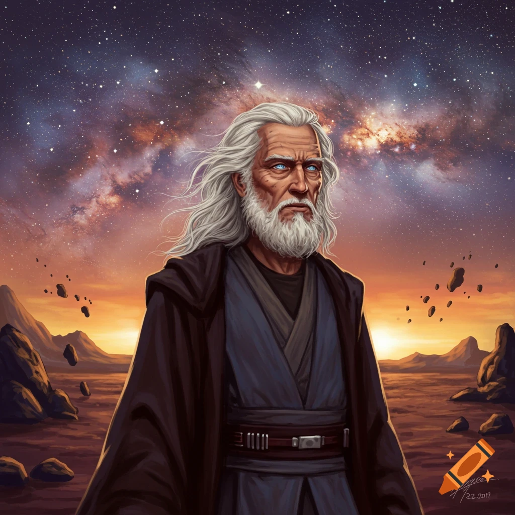 Illustration of an old robed man in a rocky alien desert under a starry ...