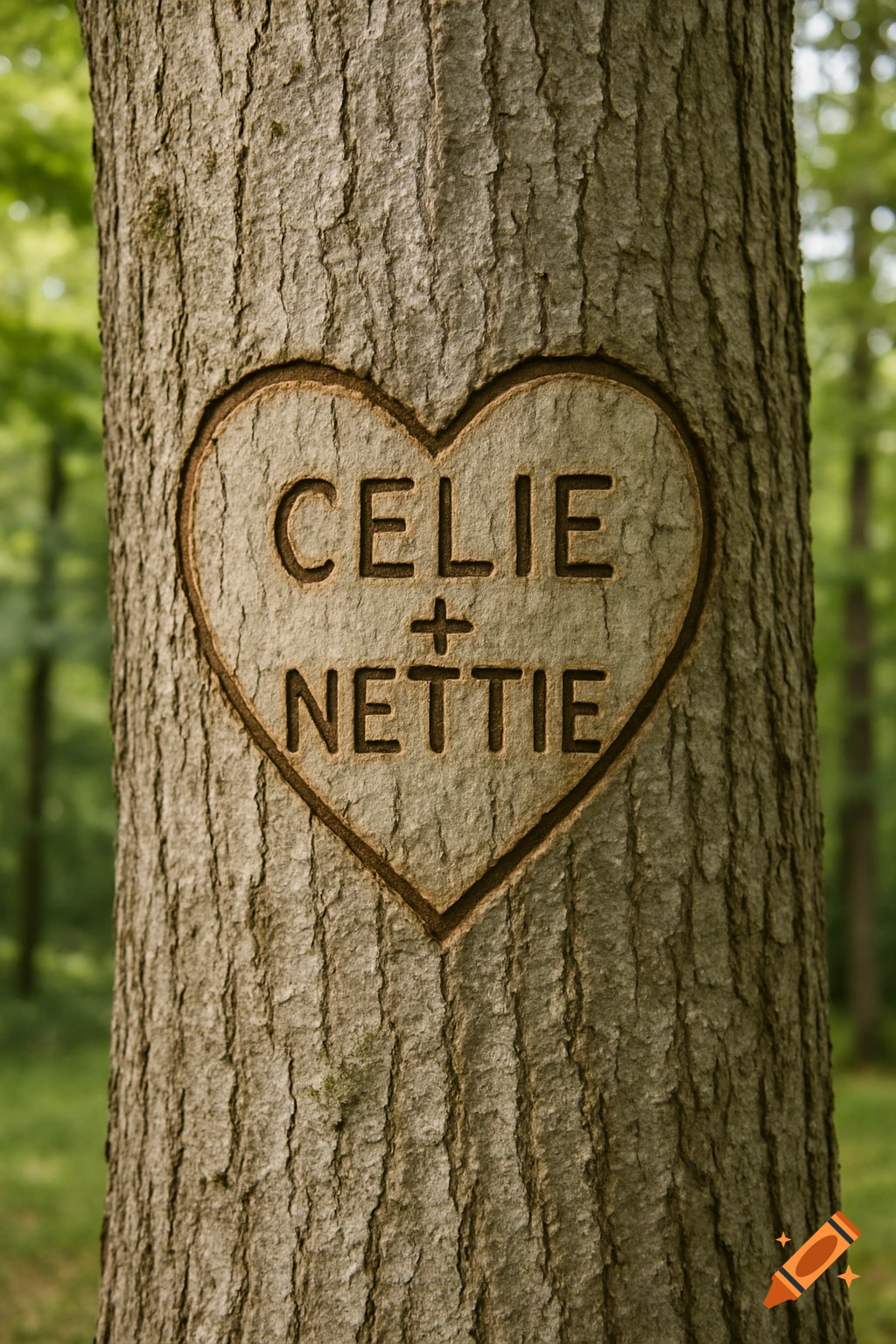 Heart carved into a tree trunk with the names Celie and Nettie. on Craiyon