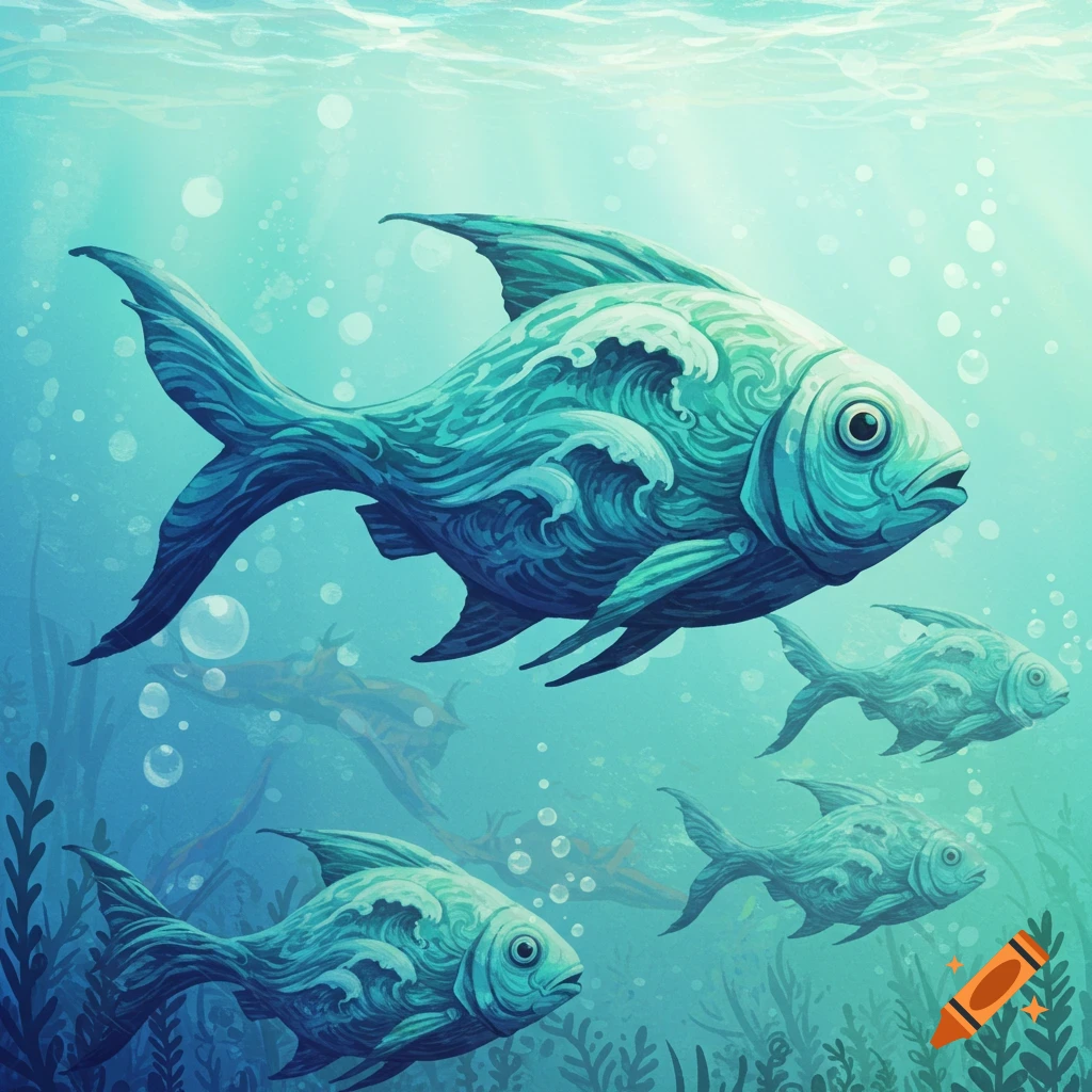 Several fish made of blue waves swim underwater with bubbles and ...