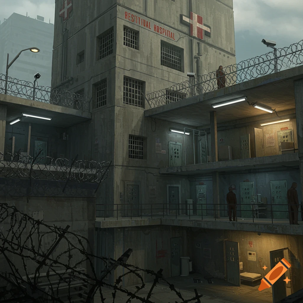 Photorealistic image of a concrete building resembling a prison ...