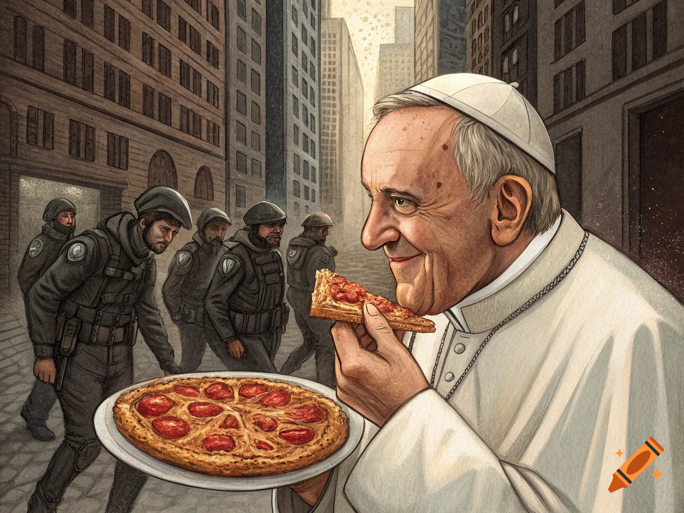 Pope Francis smiles while eating pizza on a city street as guards walk ...