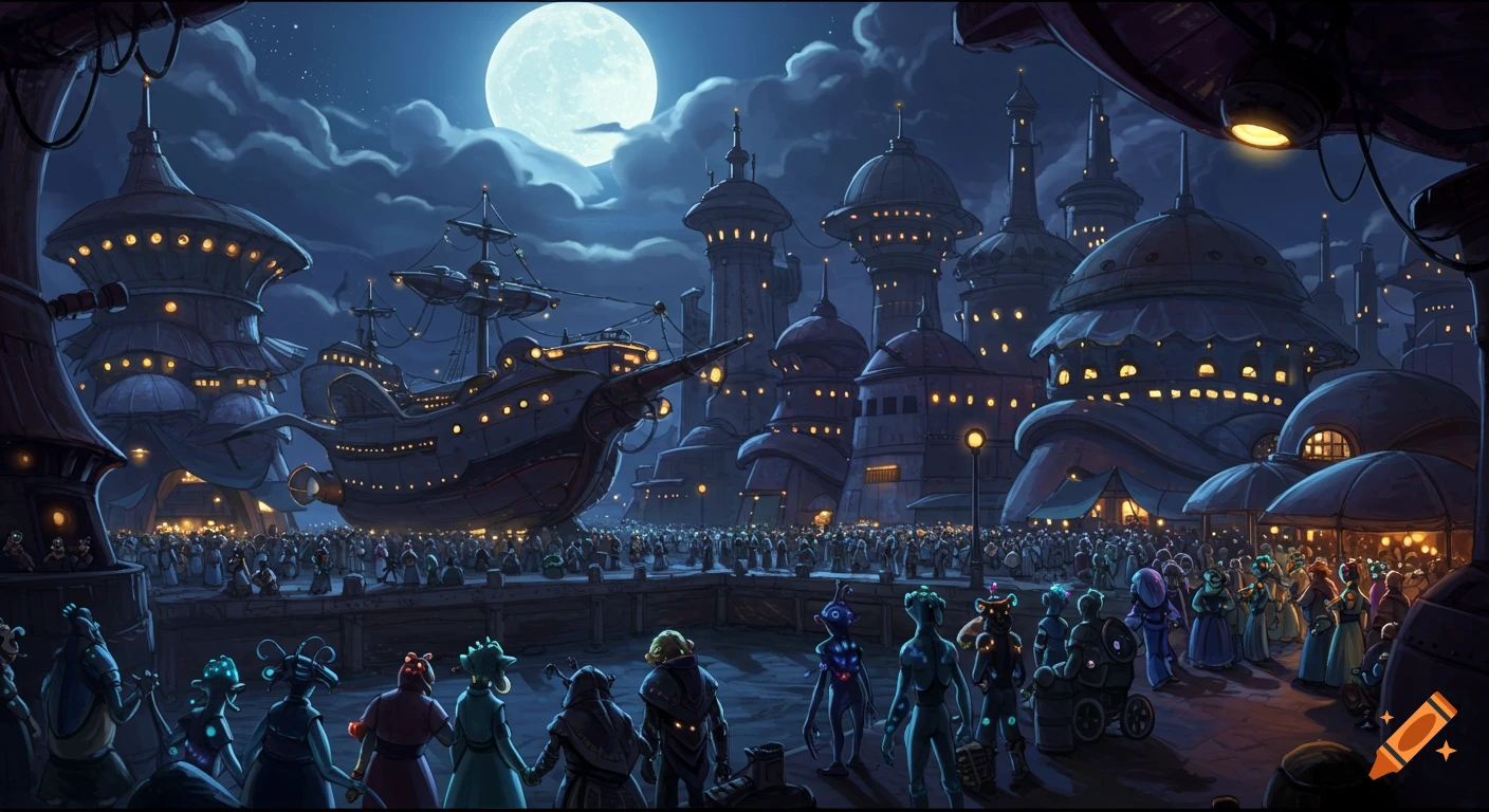 Moonlit port scene with large sci-fi/fantasy buildings, an airship, and ...