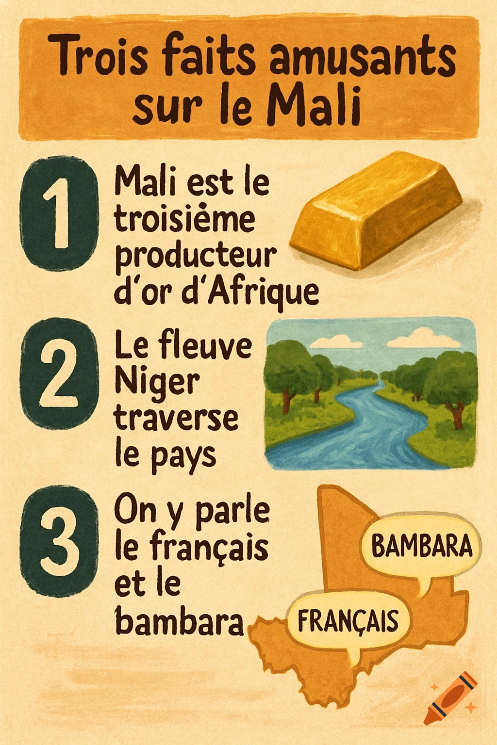 Illustrated poster with three facts about Mali, showing a gold bar, a ...