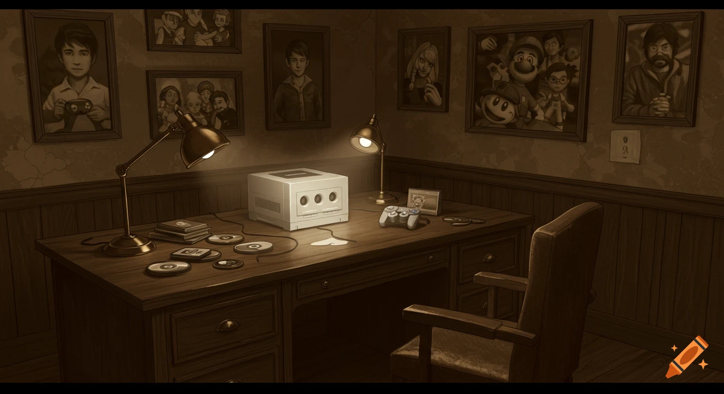 Sepia tone illustration of a wooden office desk with a glowing Nintendo ...
