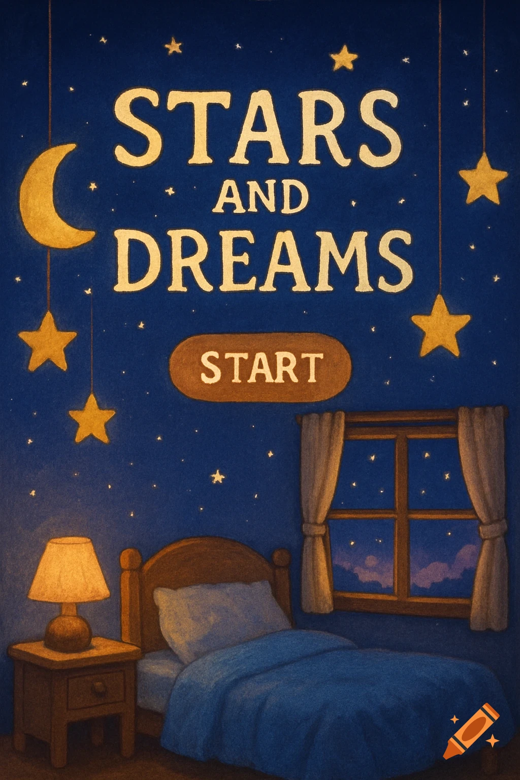 Cozy bedroom game title screen illustration with large text reading ...