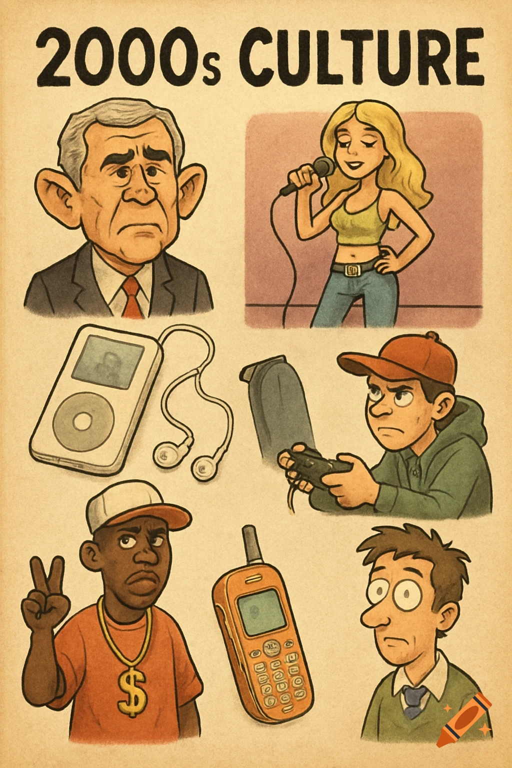 Cartoon illustration with text "2000s CULTURE" above caricatures of ...