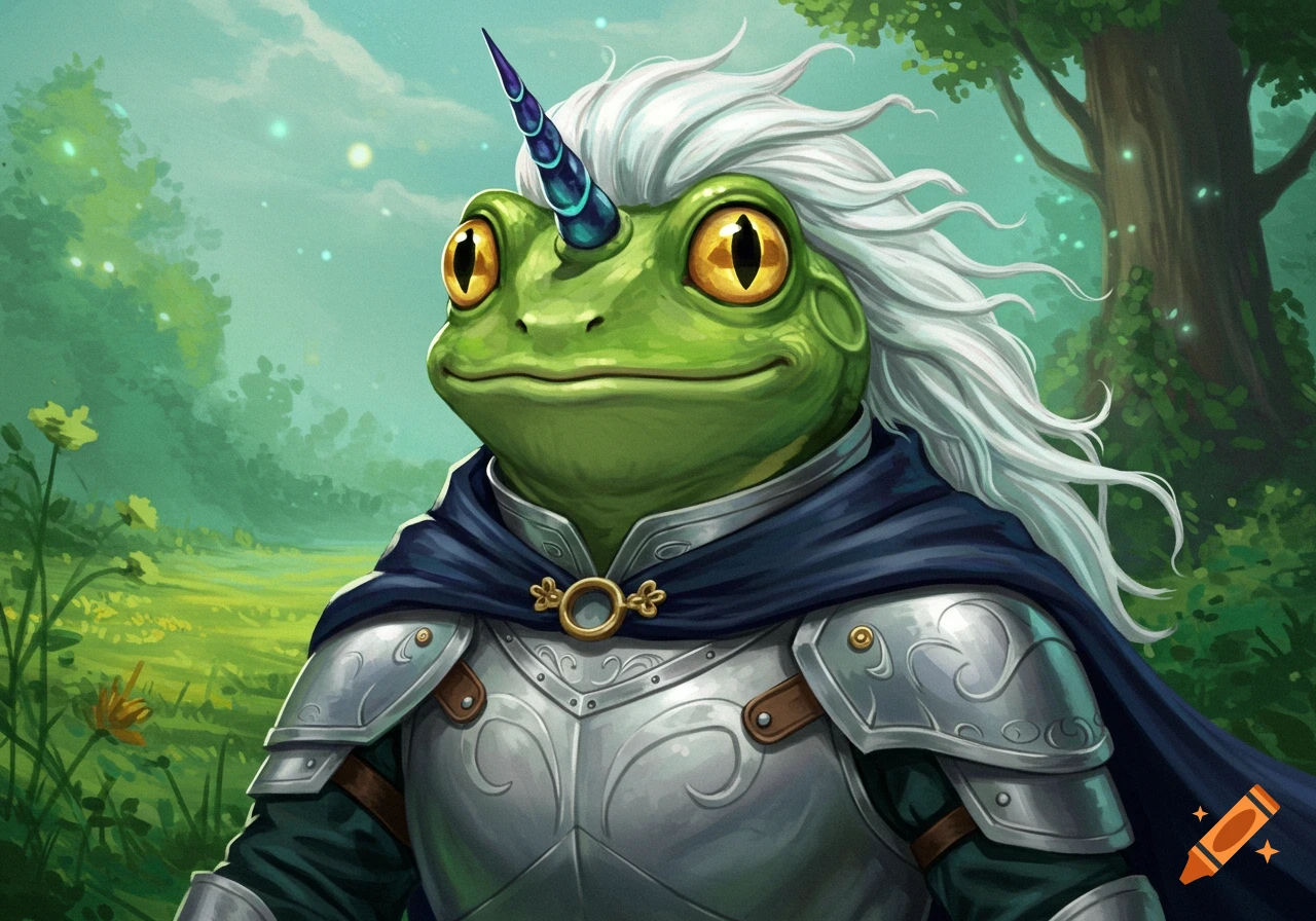 An anthropomorphic frog unicorn man wearing armor and a cape stands in ...