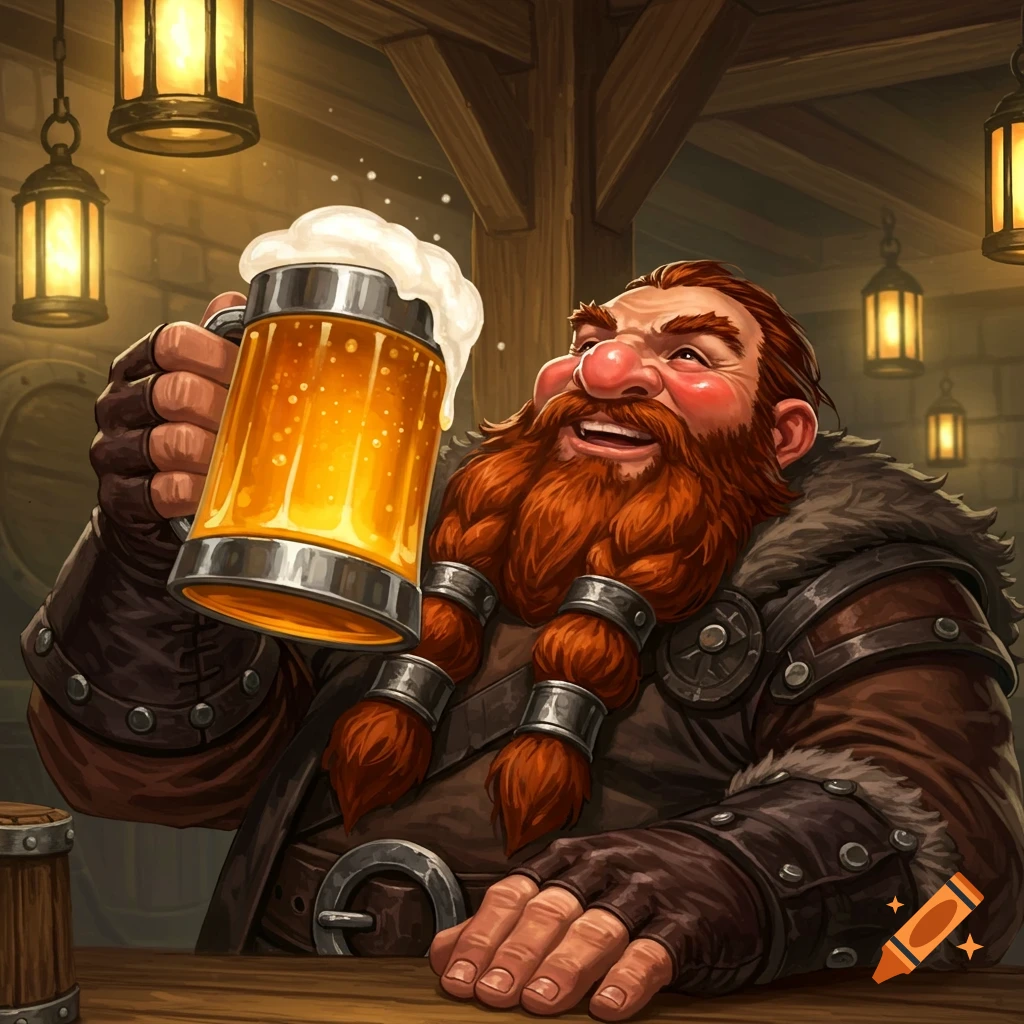 Fantasy art of a smiling dwarf raising a frothy mug of beer in a tavern ...