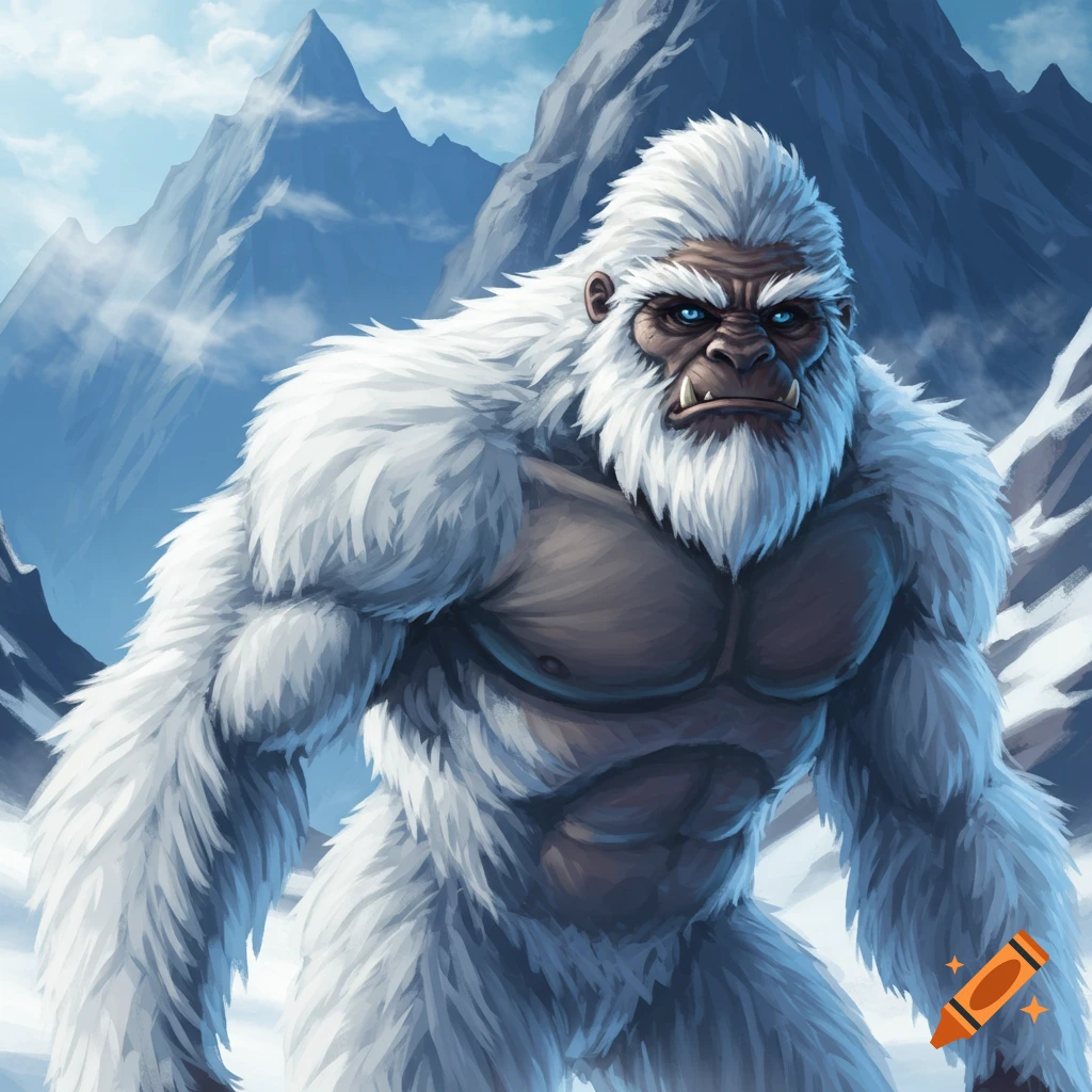 A fierce-looking yeti stands in a snowy mountain landscape. on Craiyon