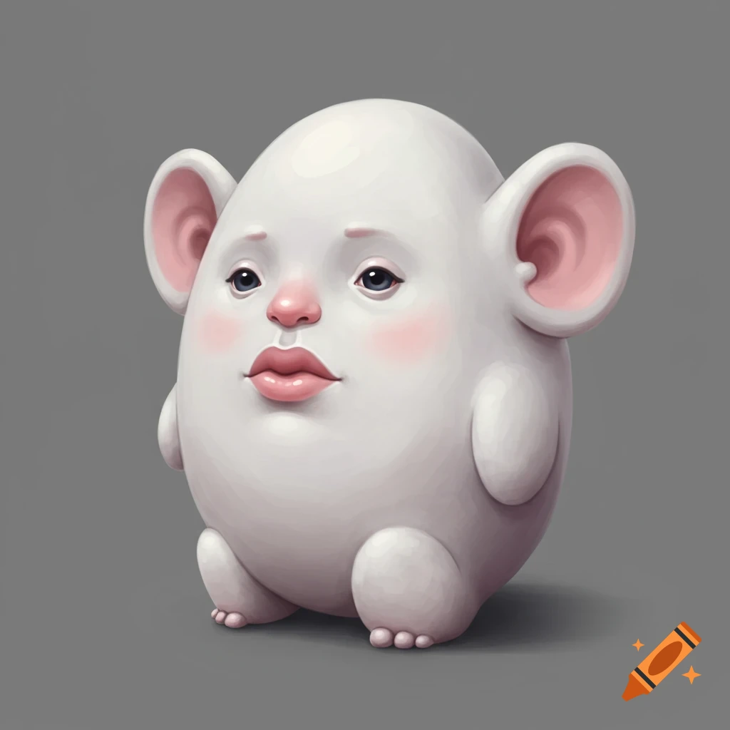 A strange, white oval creature with large pink ears, human-like eyes ...