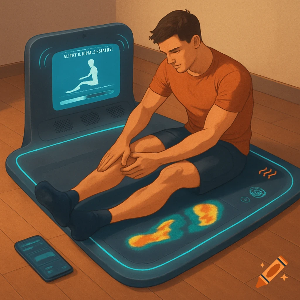 Man using a futuristic smart recovery mat with a screen displaying info ...