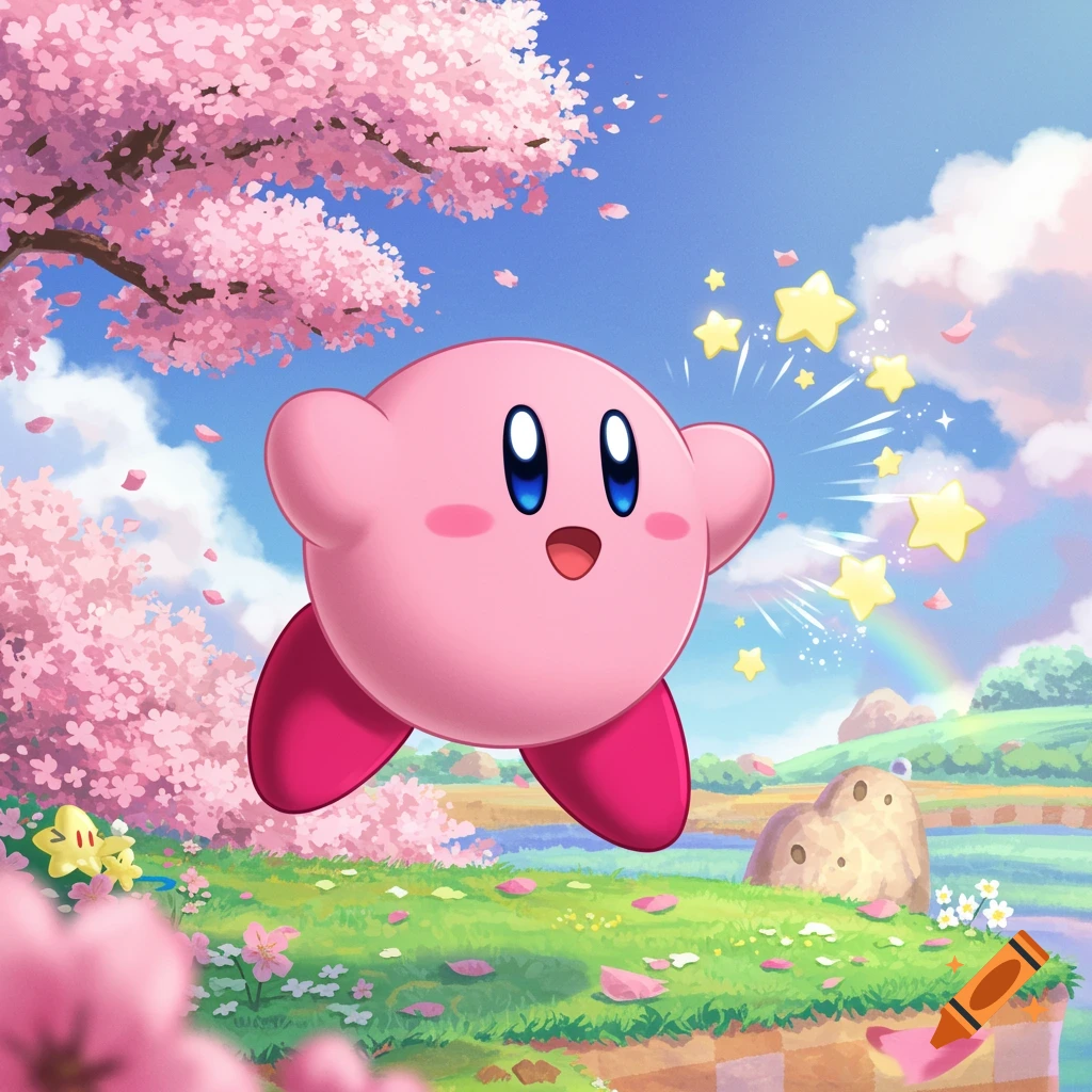 Kirby jumping with stars in a spring landscape with cherry blossoms and ...