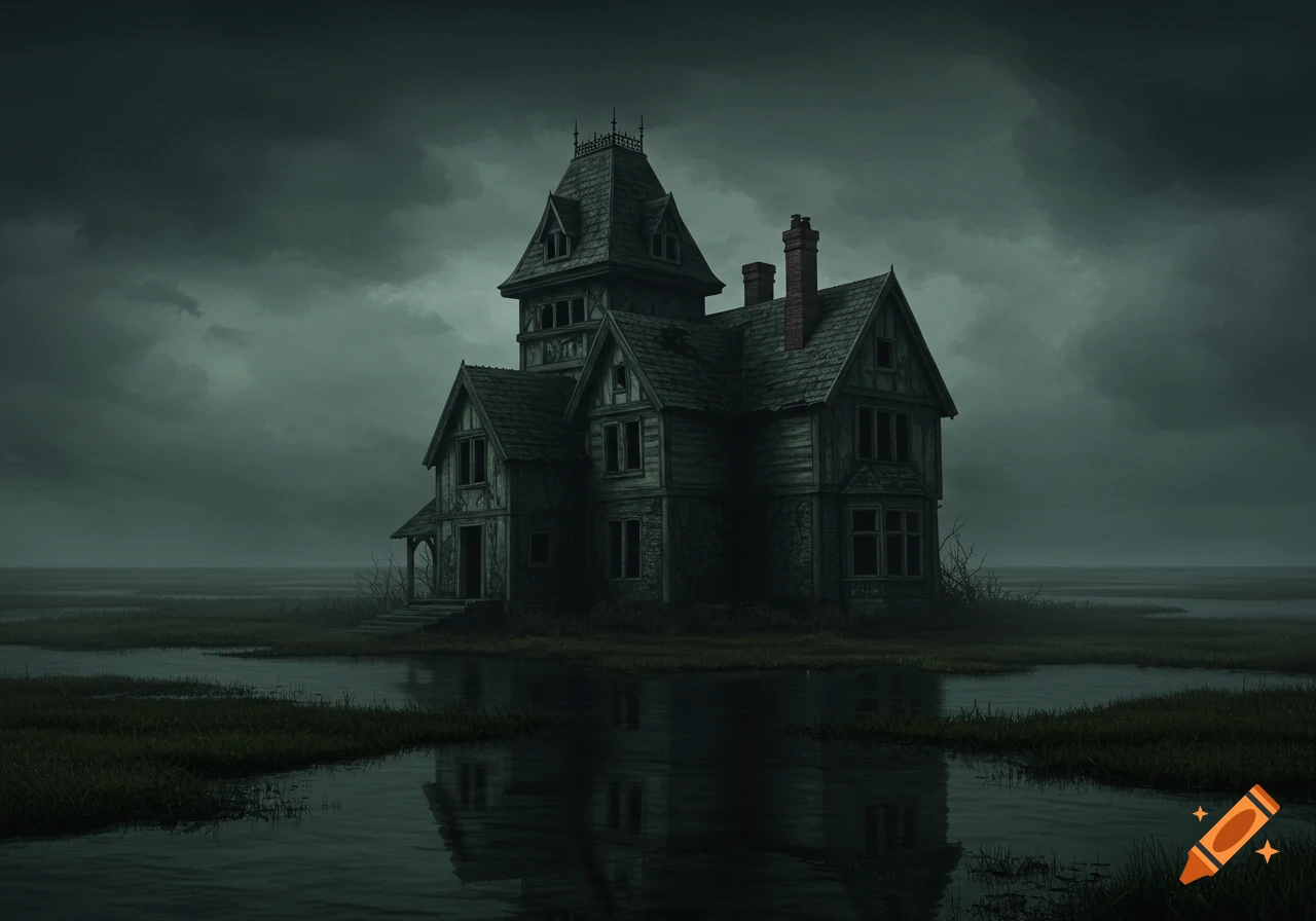 A dark gothic house stands in a murky marsh under a cloudy sky. on Craiyon