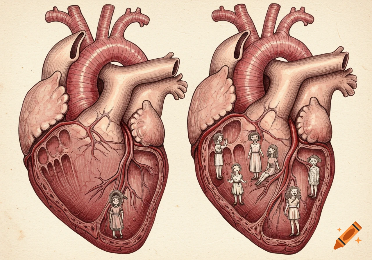 Stylized drawing of two anatomical hearts, one containing one small ...
