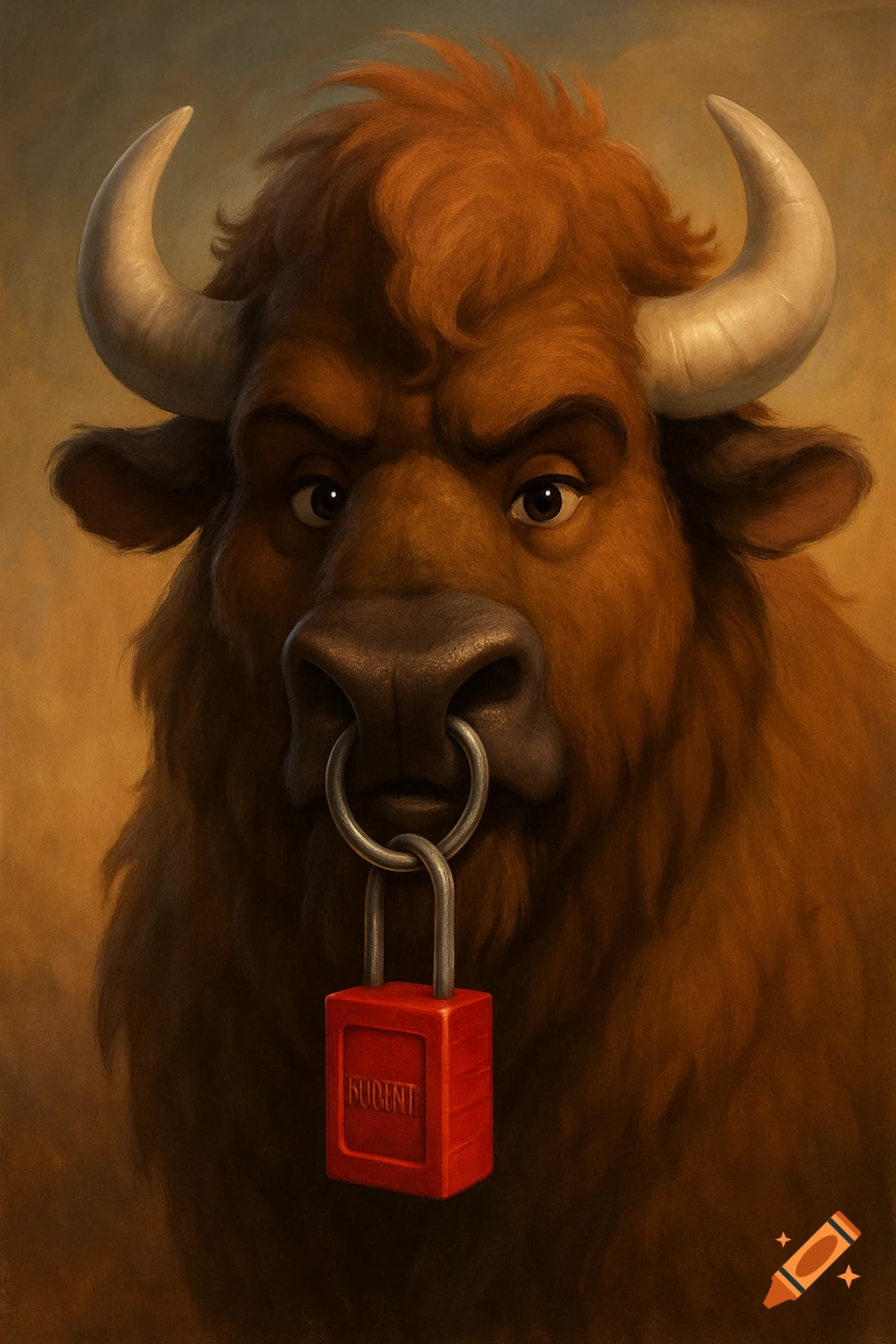 Close-up illustration of a brown buffalo or minotaur with a nose ring ...