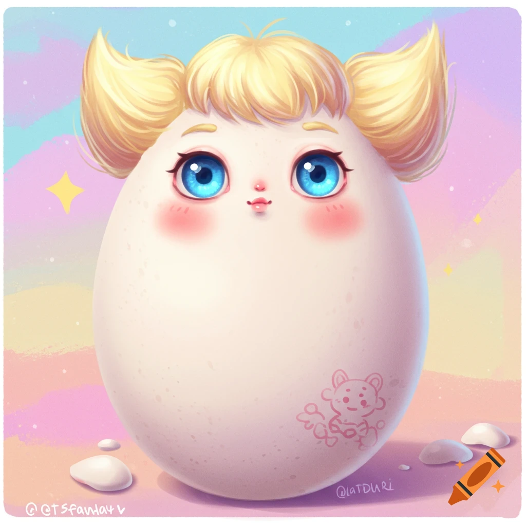 Cute egg character with blonde hair and blue eyes on a beach, stylized ...