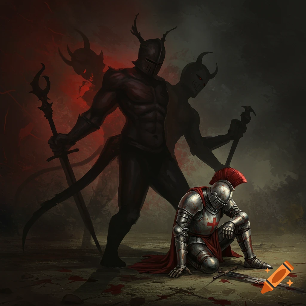 A defeated knight kneels on a blood-splattered battlefield while a ...