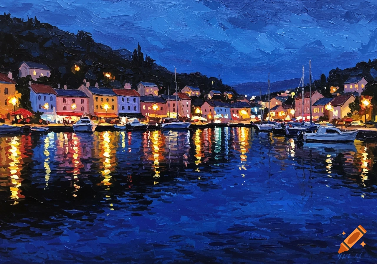 Abstract oil painting of a colorful harbor at night with buildings and boats reflected in the ...