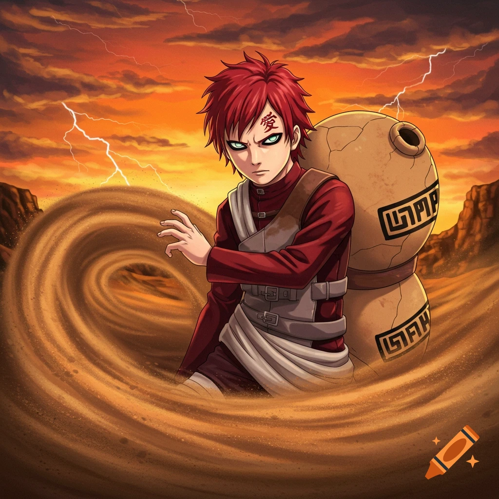 Gaara from Naruto manipulating sand in a desert sunset with lightning ...