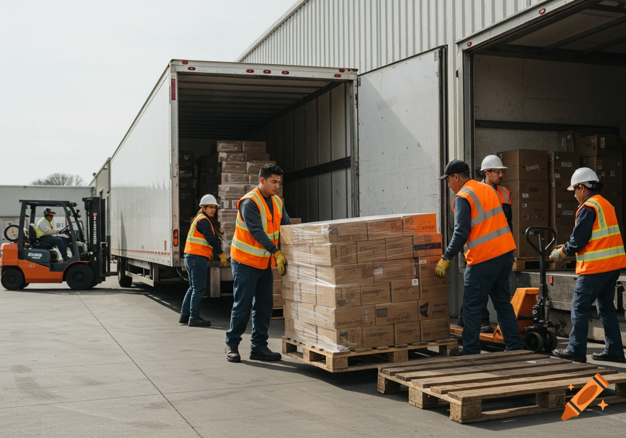 Workers unload pallets of boxes from a truck with a forklift and pallet ...
