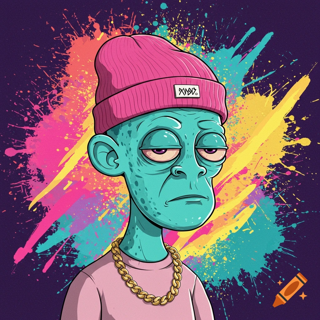 Teal cartoon alien in pink beanie and gold chain against colorful paint ...