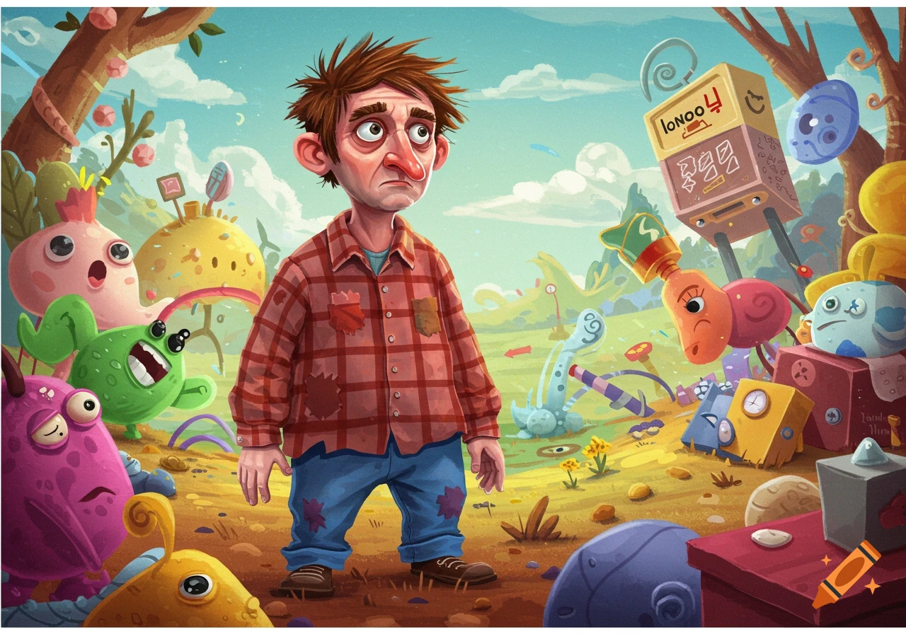 A sad-looking man stands among strange cartoon creatures and objects in ...