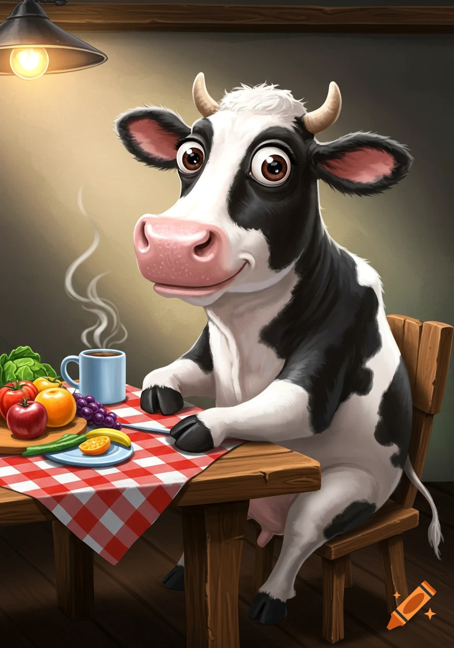 A cartoon cow sits at a table with a plate of food and a cup. on Craiyon
