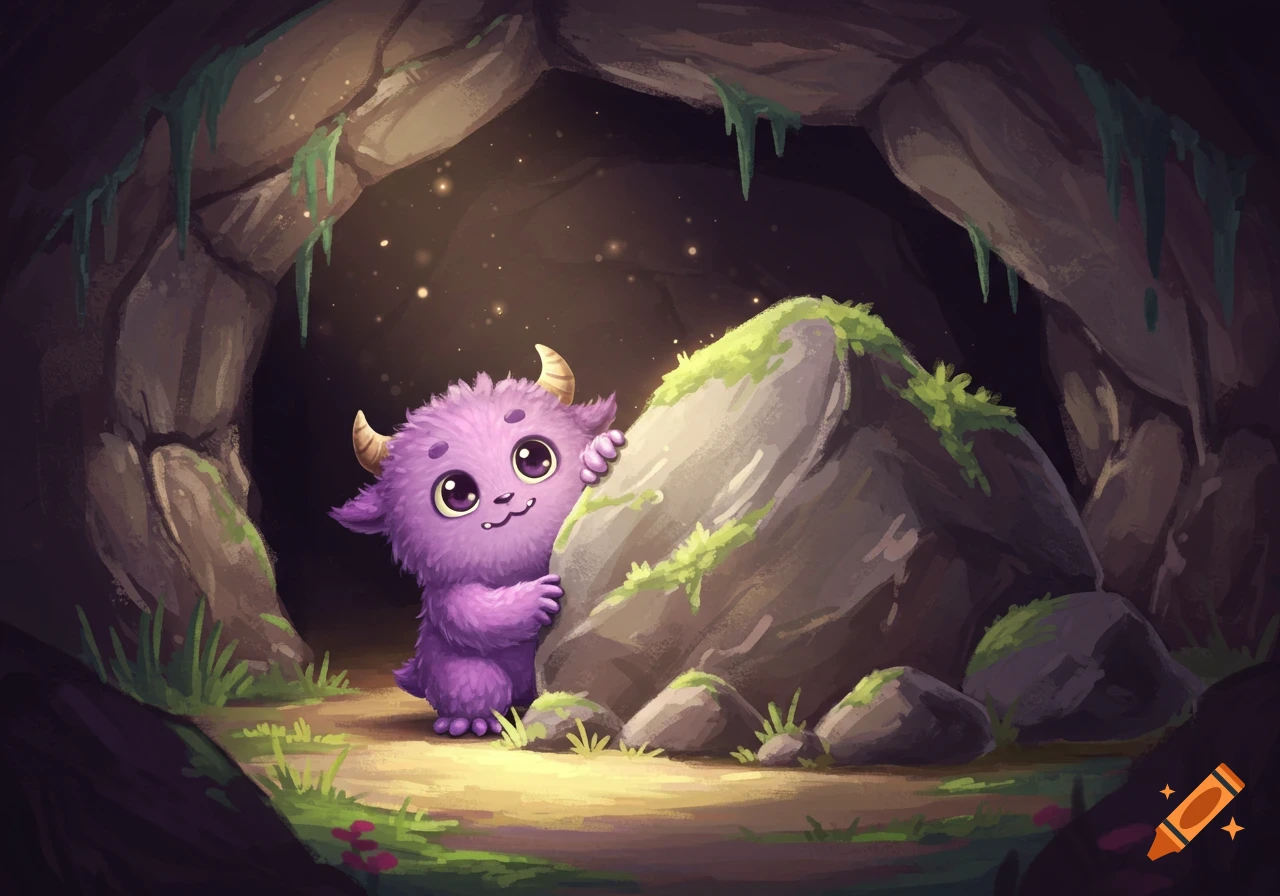 A cute purple monster with horns peeking from behind a mossy rock in a ...
