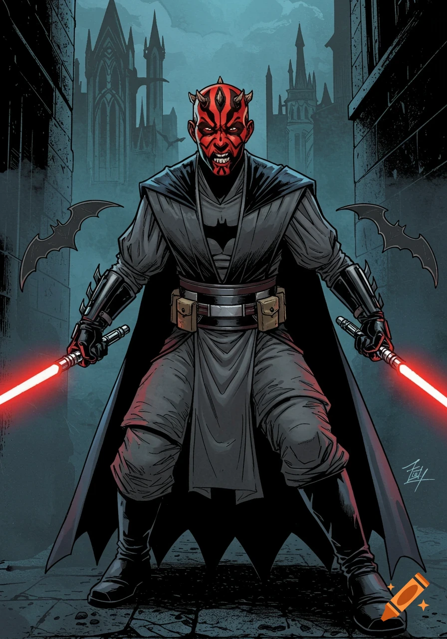Darth Maul in a Batman suit holds two red lightsabers in a gothic city ...
